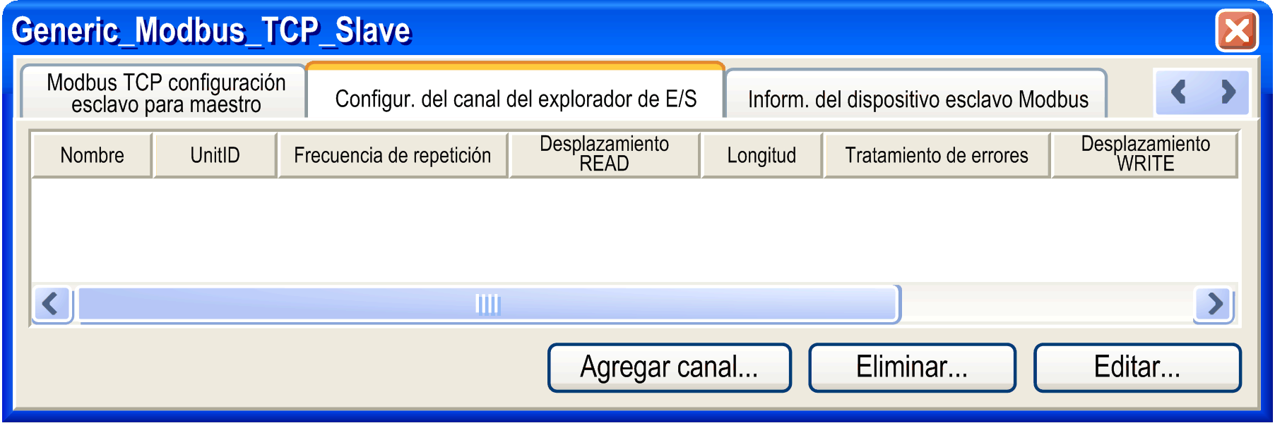 Configuración de un dispositivo genérico en el Modbus TCP IOScanner